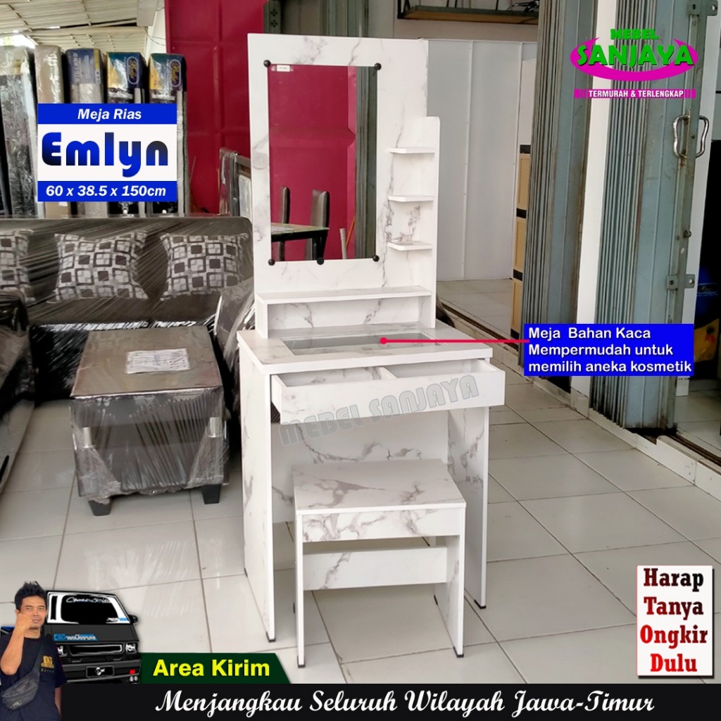 Jual Meja Rias Kaca Kotak Motif Marble Putih Lengkap Kursi Puff ...