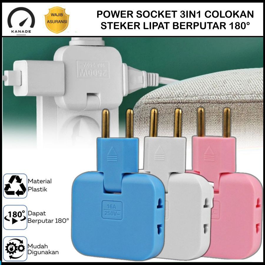 Jual Power Soket 3in1 Folding Socket Converter US ke EU Sambungan ...
