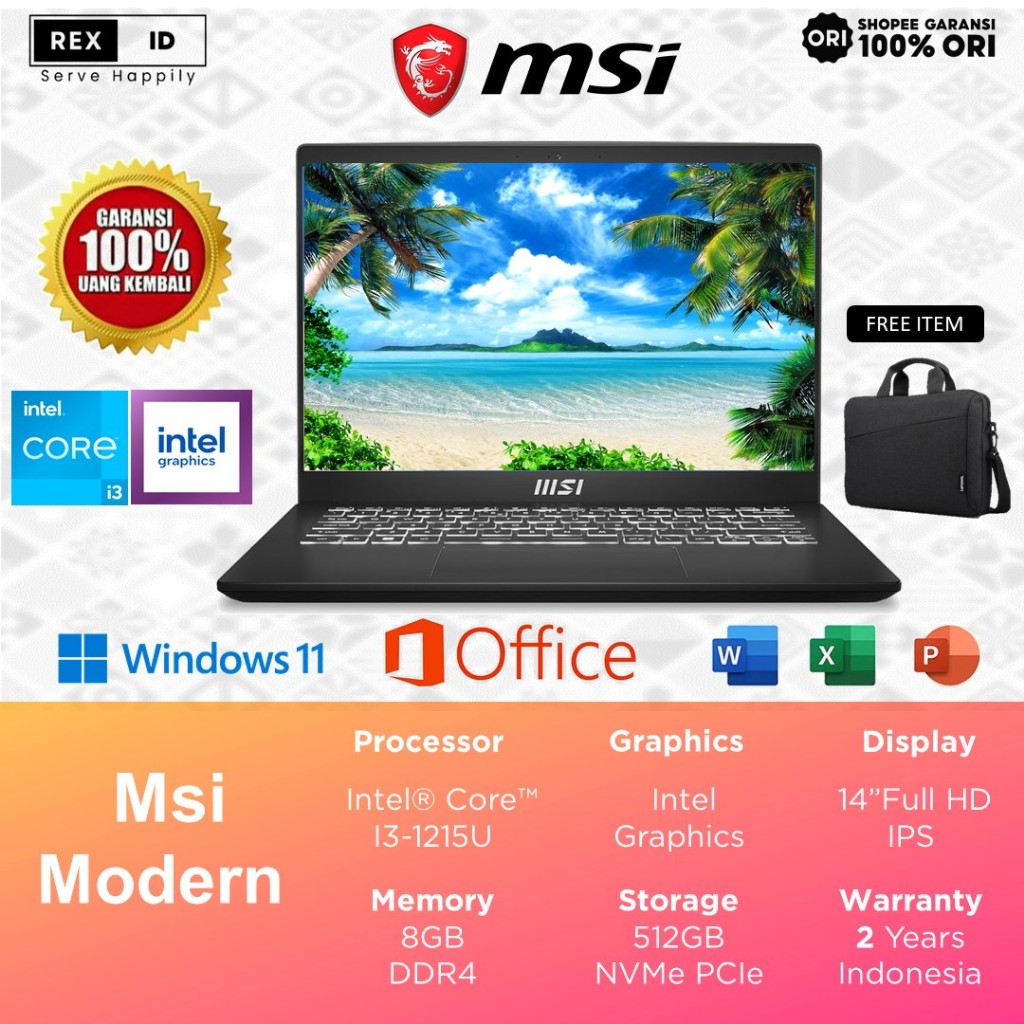 Jual Laptop MSI i3-1215U 8GB 512GB 14.0" Full HD IPS Backlit Windows 11 ...