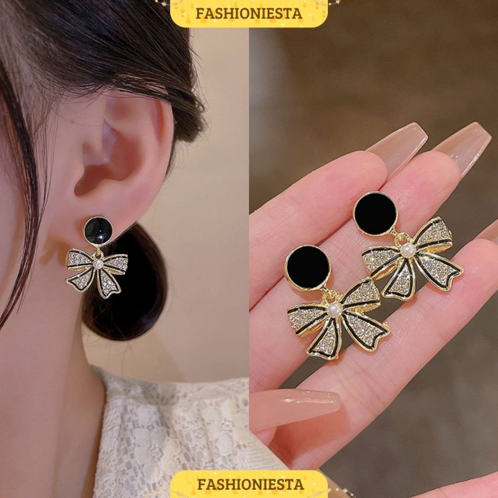 Jual Anting-Anting Hitam Bulat Pita Berkristal Anti Karat Aksesoris ...