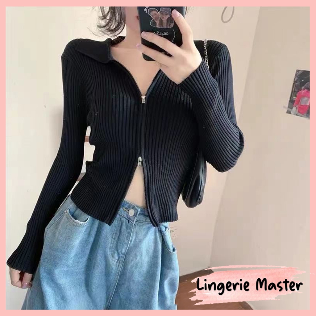 Jual [ LINGERIE MASTER ] - (T-18) Korean Outer Knit Zip Shirt Blouse ...