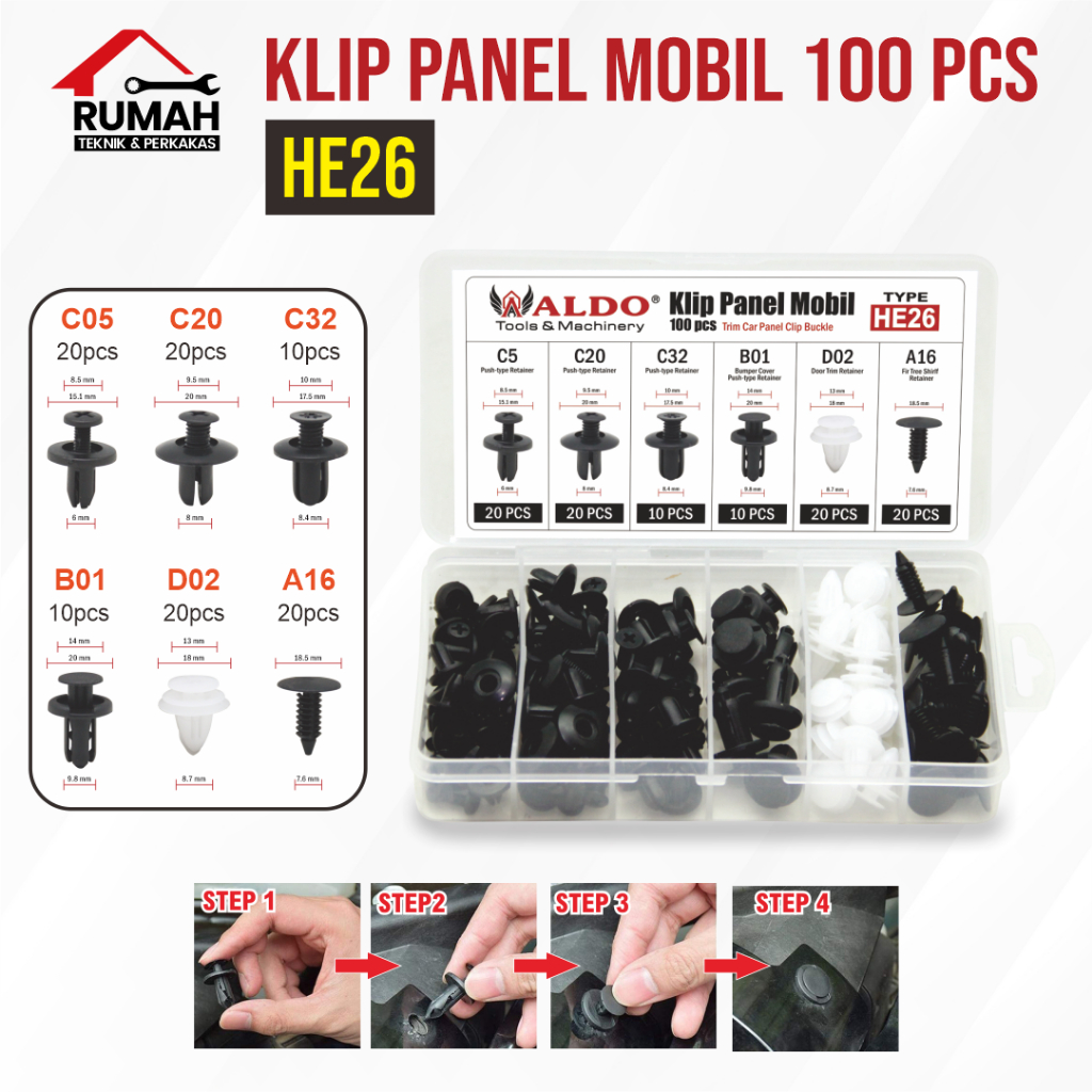Jual KLIP PANEL MOBIL 100 PCS (HE26) / Baut Rivet Mobil/Universal Klip ...