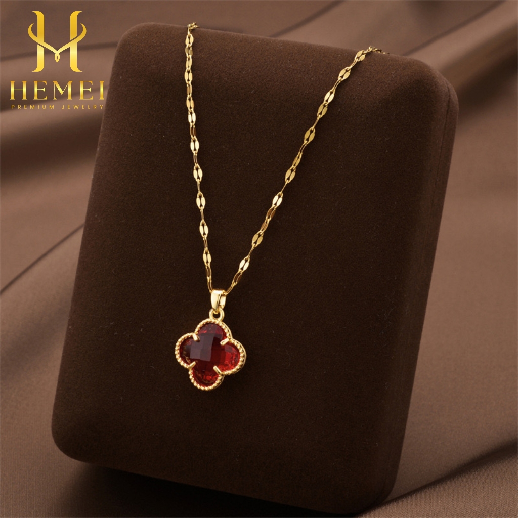 Jual HEMEI H424 KALUNG TITANIUM WANITA SET LIONTIN CLOVER GOLD MERAH ...