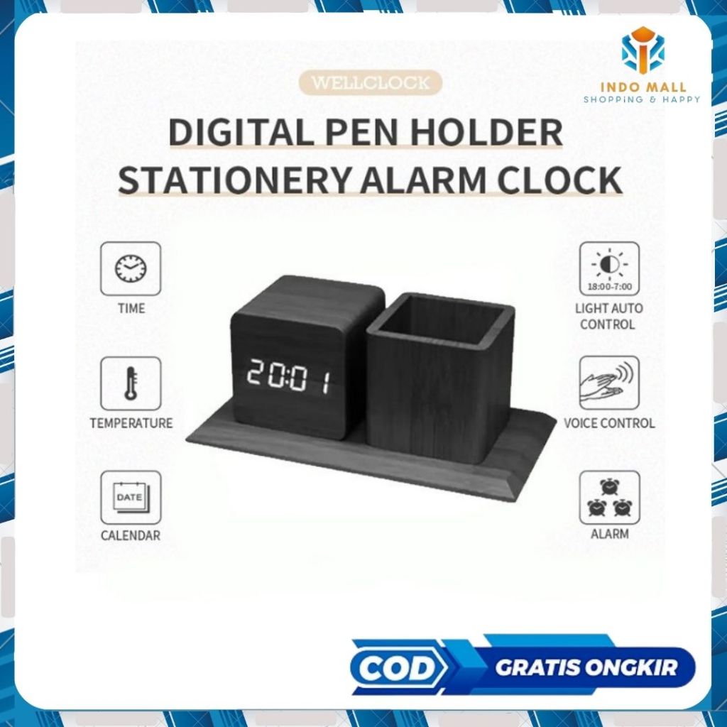 Jual Jam Meja Kayu Wood Clock Digital LED with Pen Holder Tempat Pensil ...