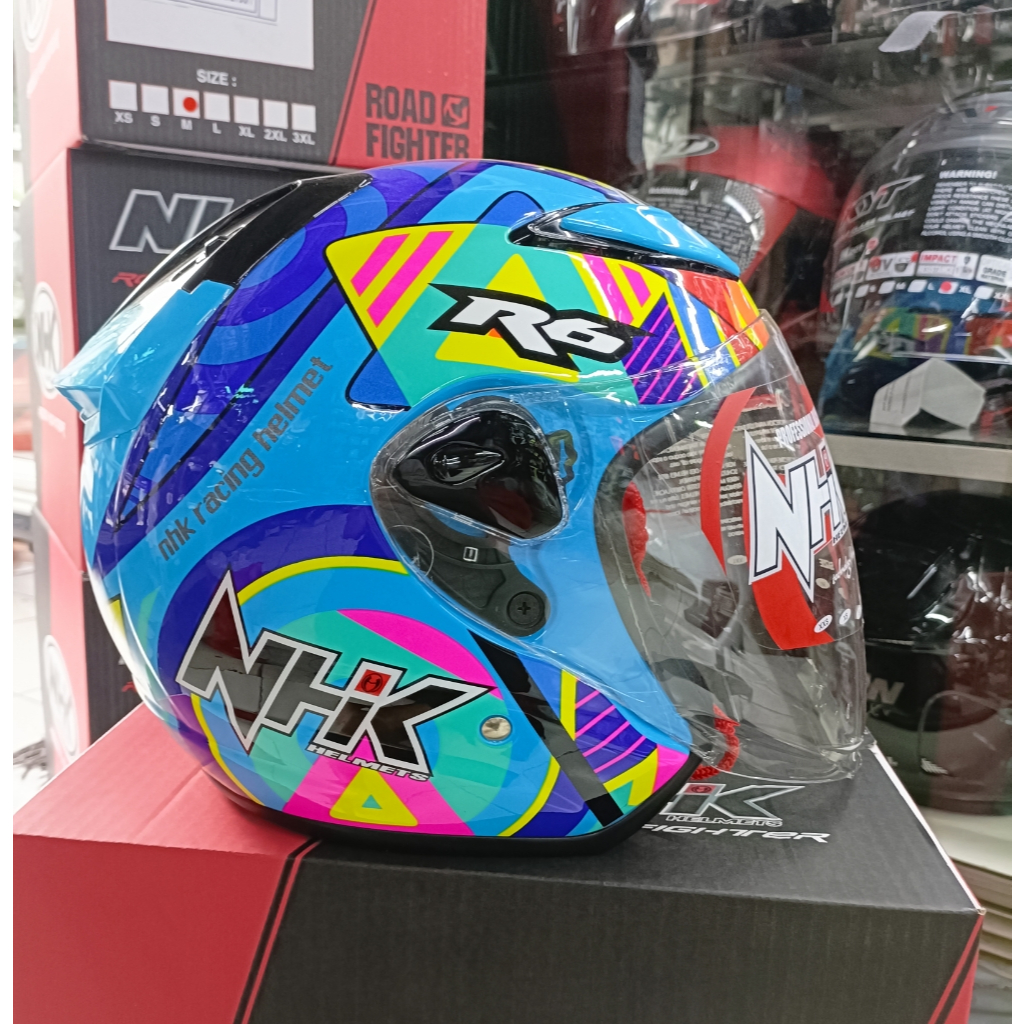 Jual NHK R6 PIGMAN BLUE FLO S.E WARNA HELM OPEN FACE VISOR KACA CLEAR ...