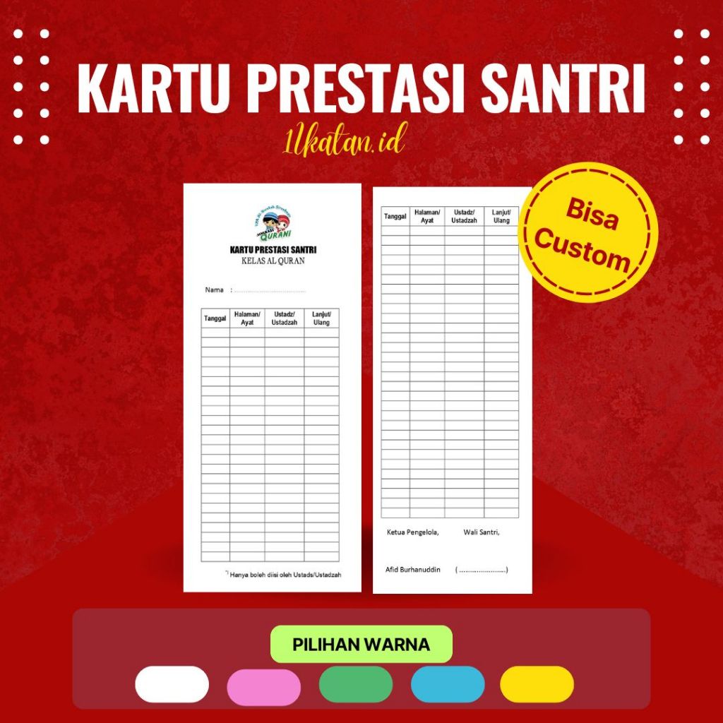 Jual Kartu prestasi mengaji santri bisa custom ukuran 10 x 21 cm ...