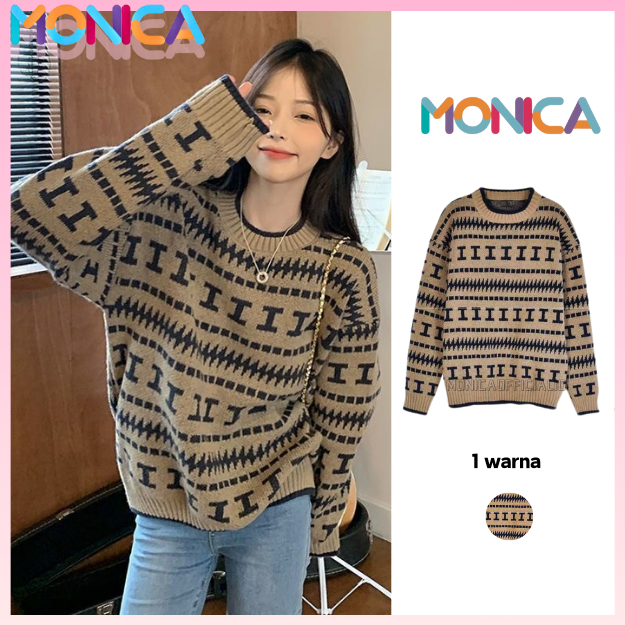Jual Monica Sweater Pullover Leher Bulat Jacquard Longgar Yang Chic ...