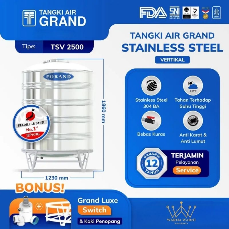 Jual Tandon Tangki Air GRAND Stainles TSV 2500 - 2000 liter | Shopee Indonesia