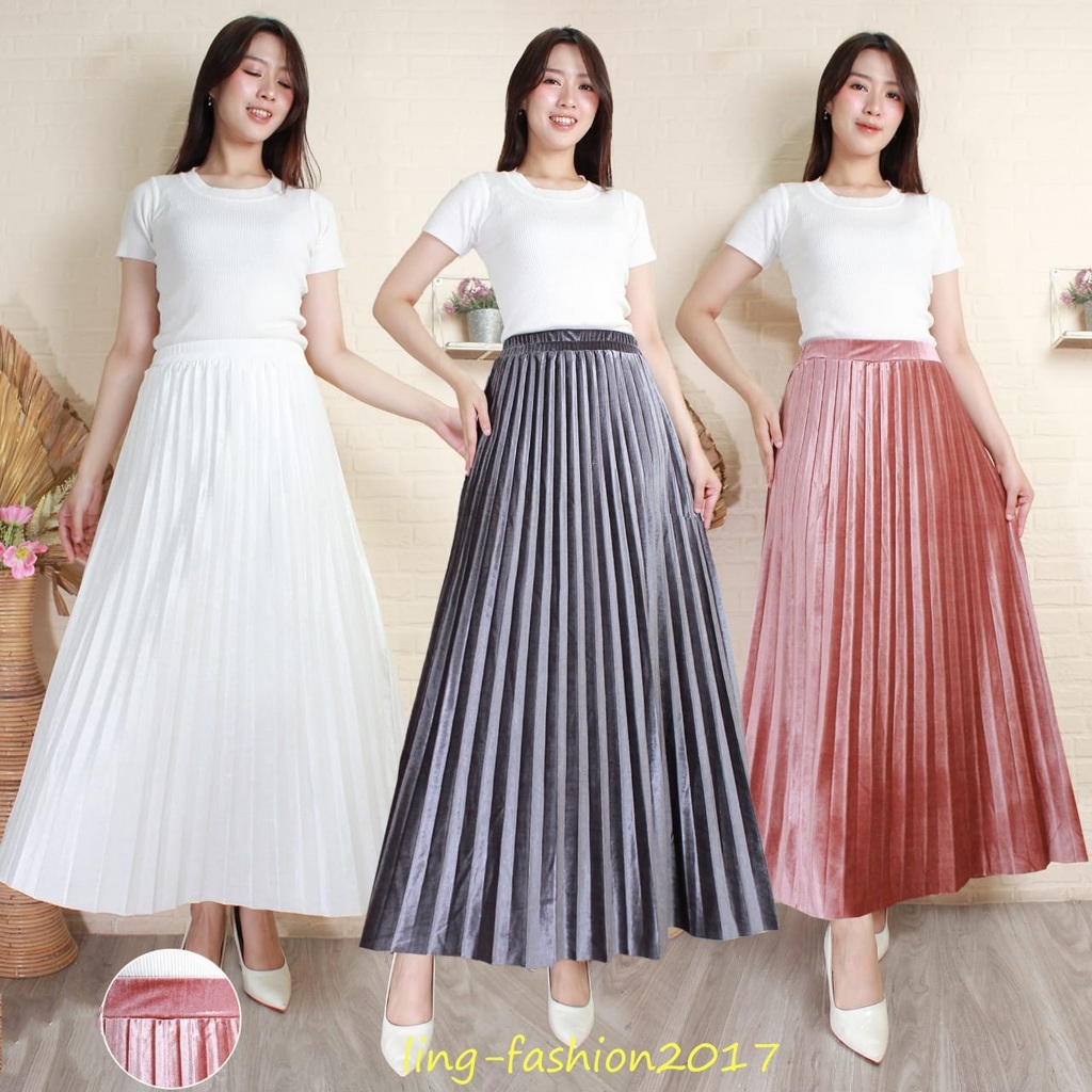 Jual Rok plisket bludru mewah/Spring autumn woven hight waist plester ...