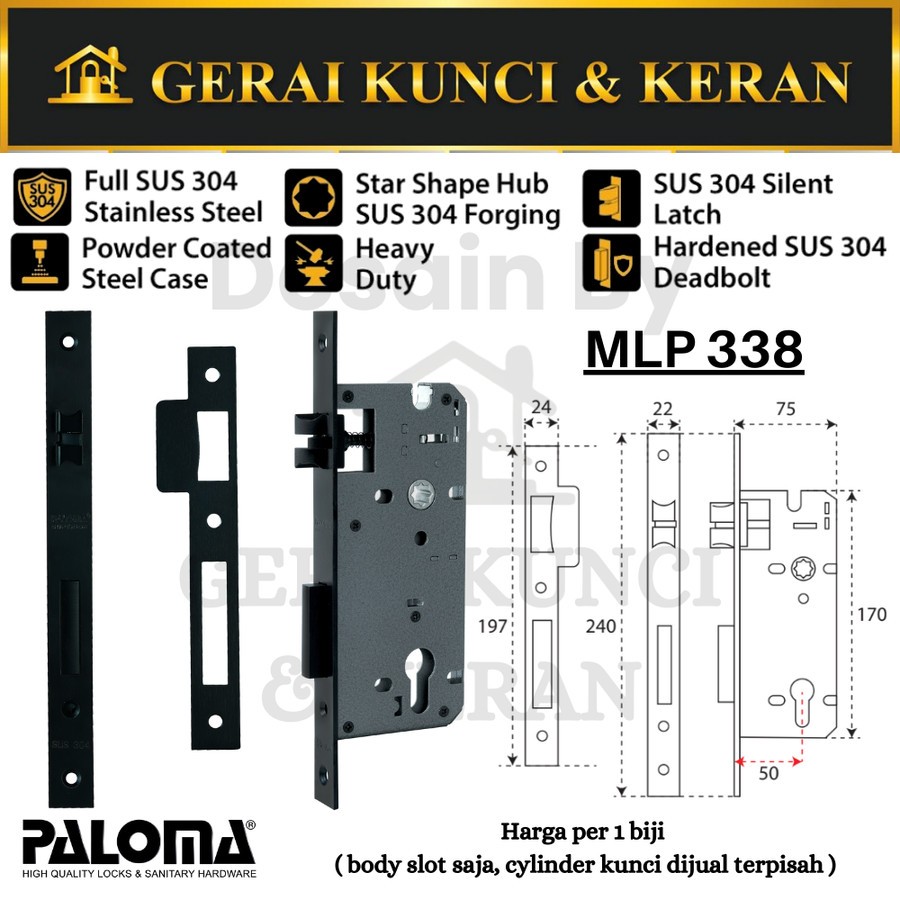Jual PALOMA MLP 338 SWING 50MM BODY KUNCI MORTISE LOCK SUPERIOR MATTE ...