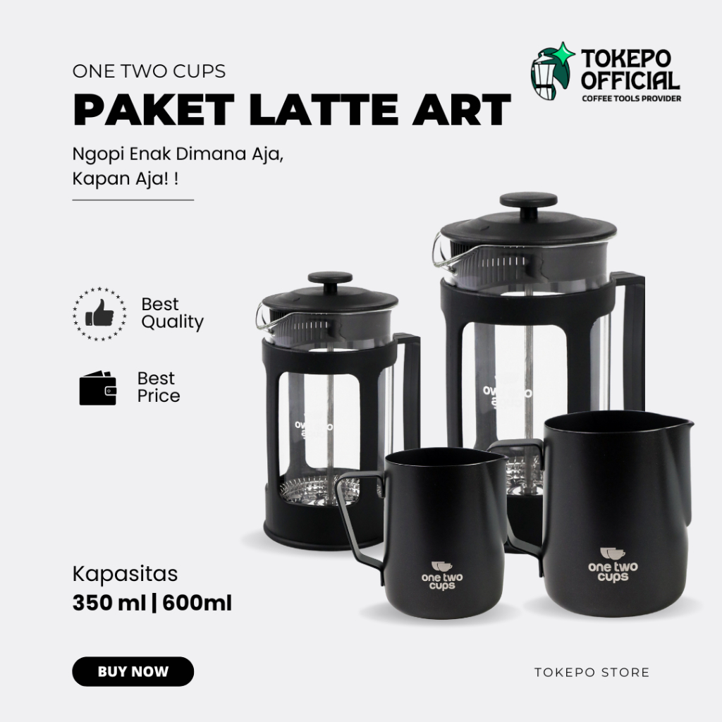 Jual Paket Latte Art Milk Jug Hitam 350 ml/600 ml French Press Coffee Press HITAM One Two Cups ...
