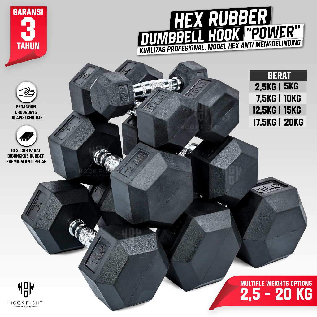 Jual Dumbbell Hexagonal Hook 2.5kg-20kg Alat Fitnes Home Gym Dumble ...