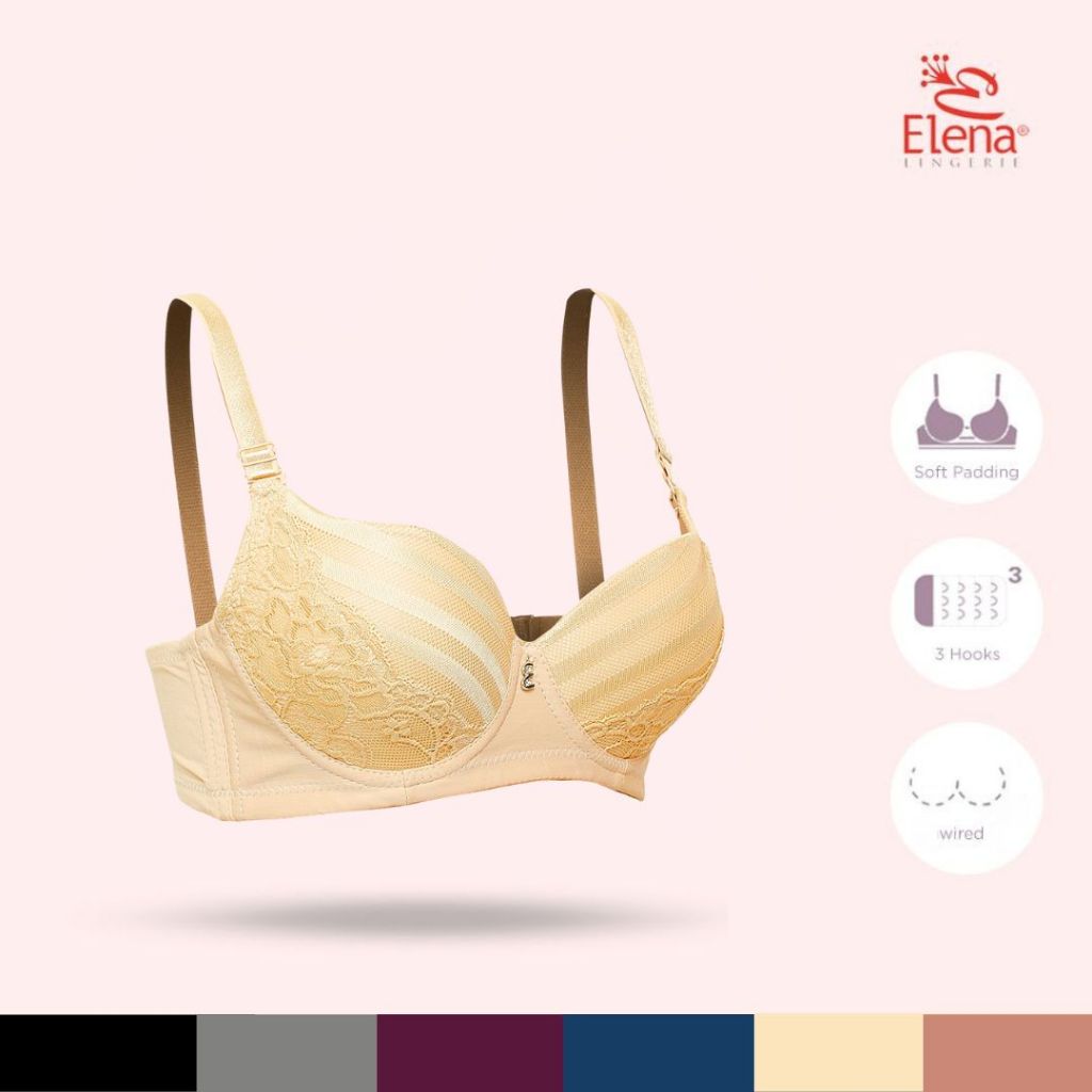 Jual Elena Wired Bra Kawat 3 Kait Busa Sedang Renda Brokat 3/4 Cup Polos Lembut Nyaman 34B-40B E ...