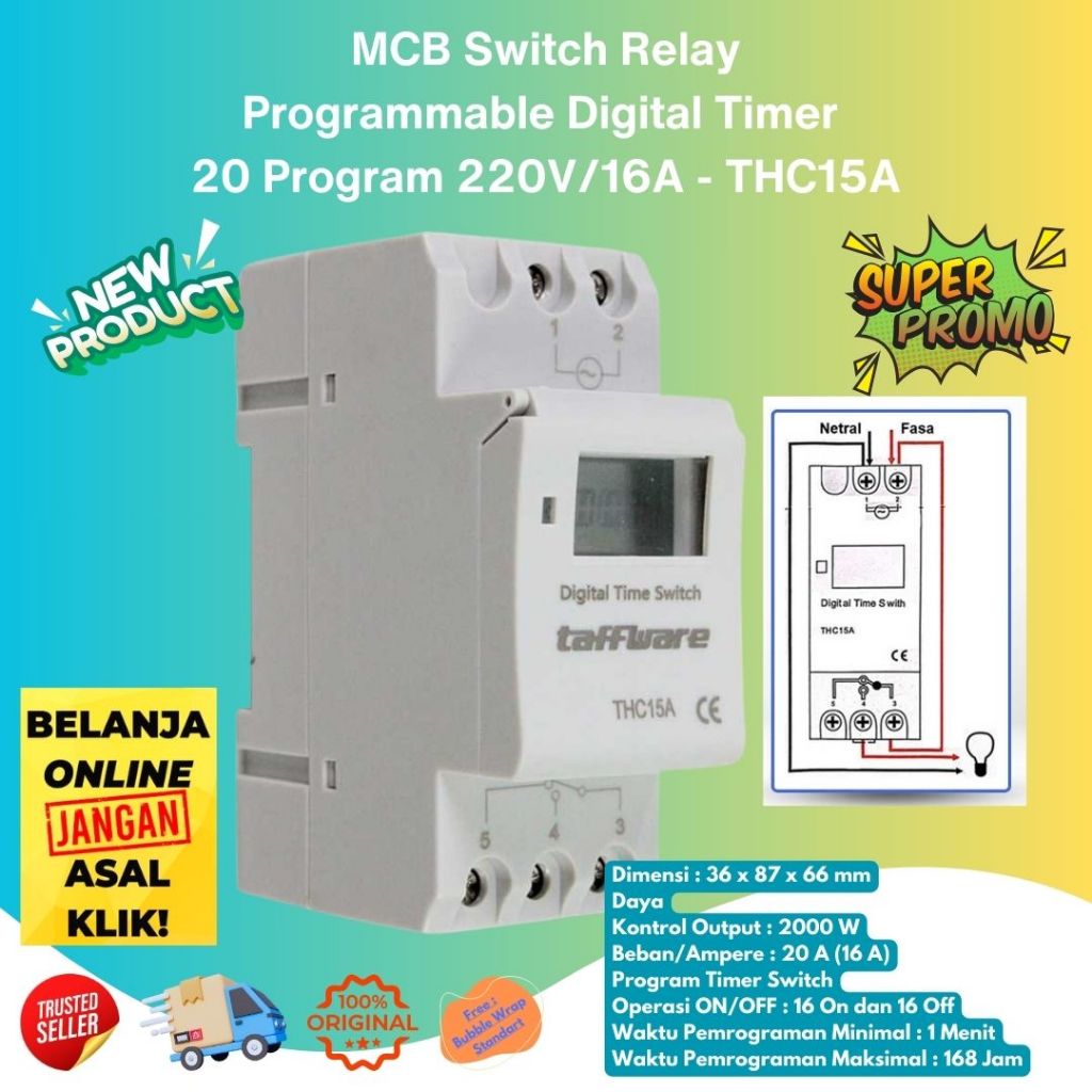 Jual MCB Switch Relay Programmable Digital Timer 20 Program 220V/16A ...