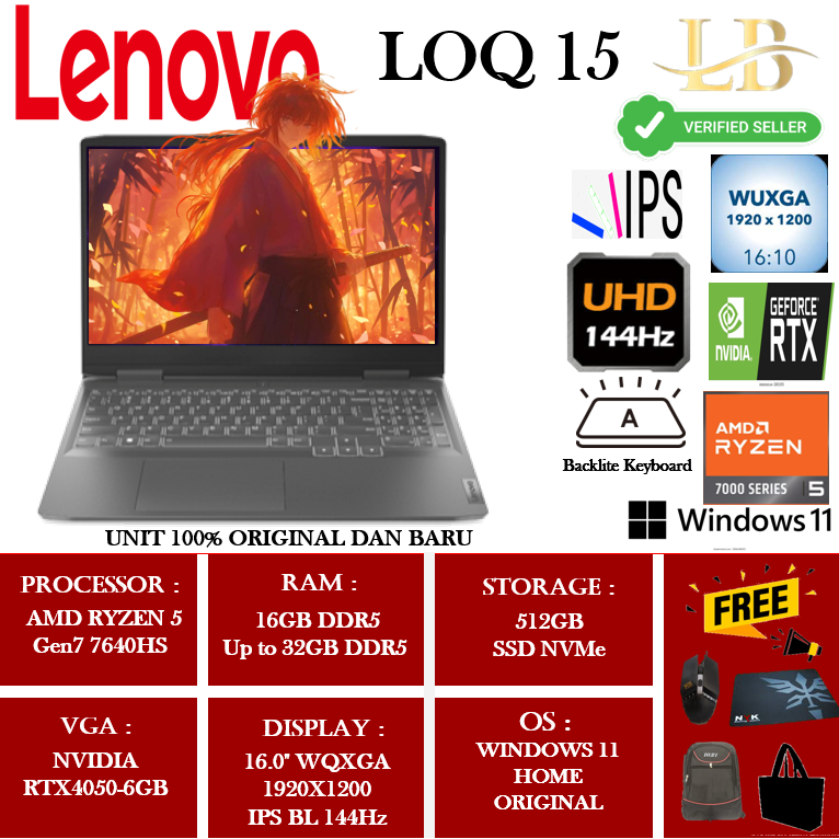 Jual Lenovo LOQ 16APH8 AMD Ryzen 5 7640HS 16GB 1TB SSD nVidia RTX 4050 16 inch WUXGA 144Hz ...