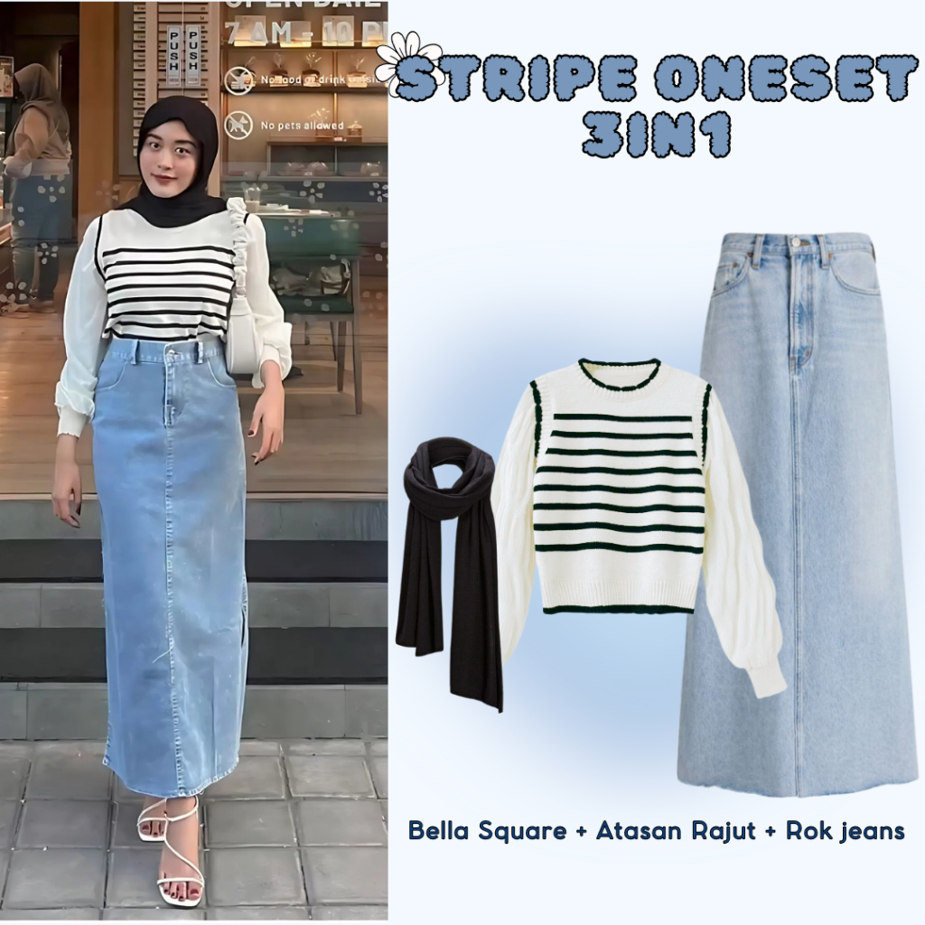 Jual STRIPE ONESET 3IN1 - Outfit Korean Look Include ( Rok Jeans ...