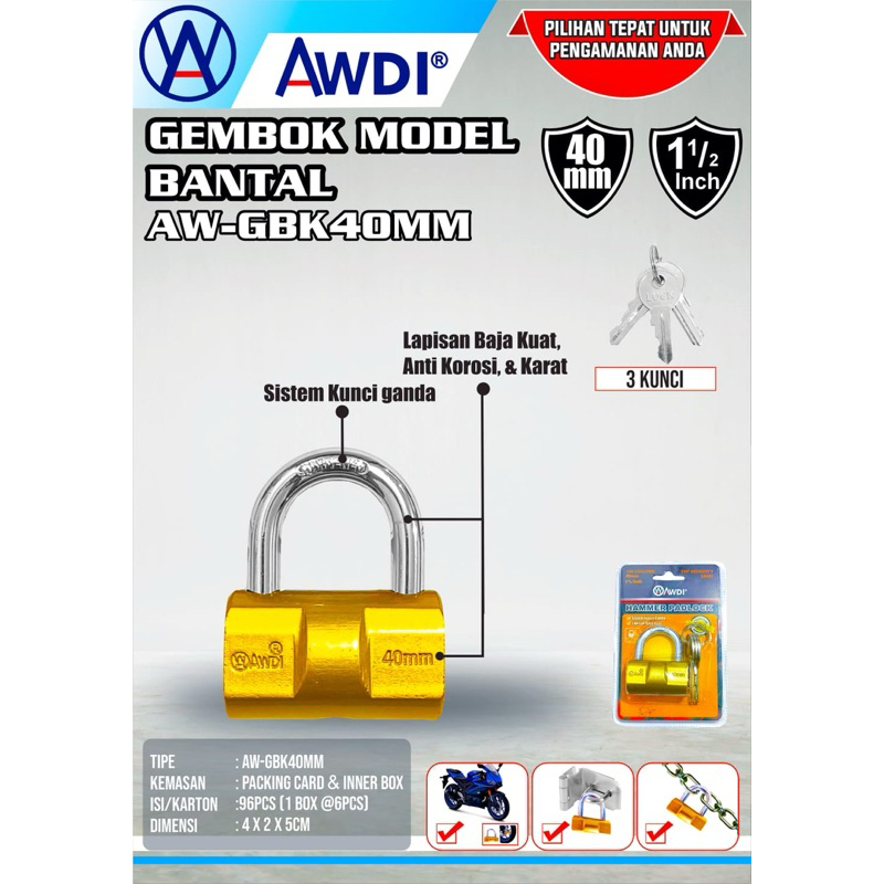 Jual Gembok Pintu Pagar Kuningan Model Bantal HAMMER 40mm 50mm 60mm ...