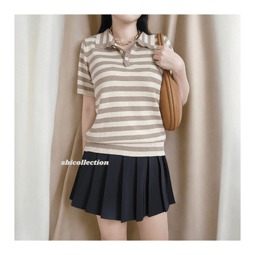 Jual Miccha Stripe Button Polo Knit Top | Atasan Blouse Rajut Wanita Kancing Kerah V Neck Motif ...