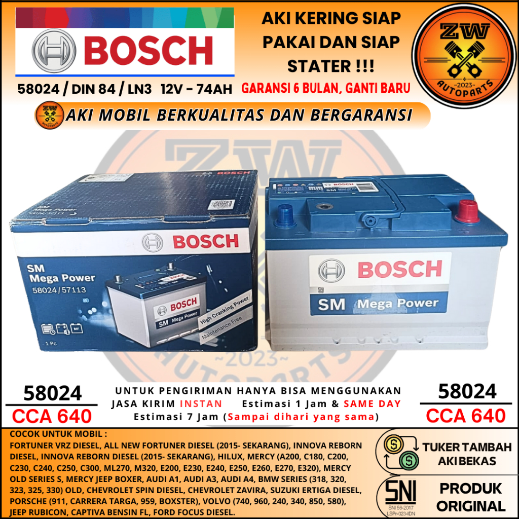 Jual AKI MOBIL 58024 / LN3 / DIN 84 BOSCH MF 12 VOLT 74 AMPERE AKI KERING | Shopee Indonesia