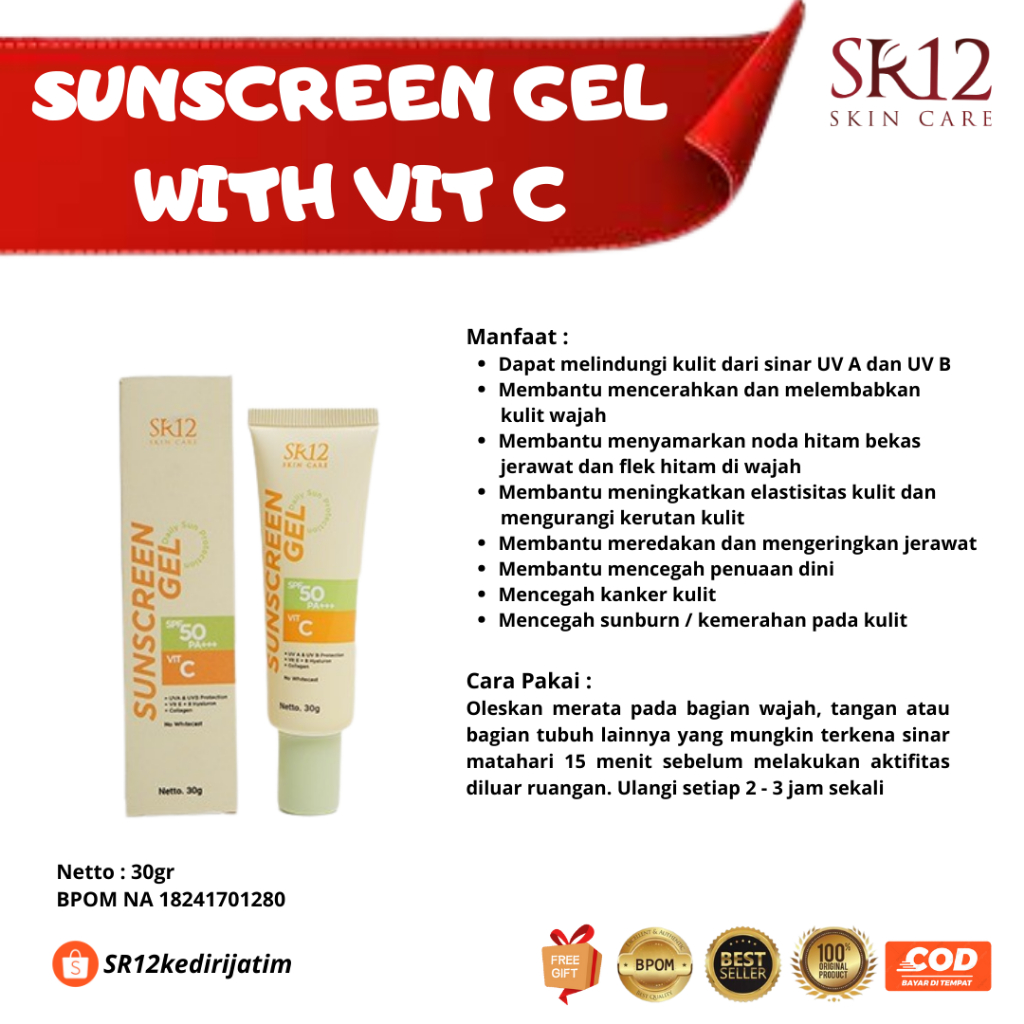 Jual Sunscreen Gel SR12 Spf 50 PA +++ Vit C Melindungi Kulit Dari ...