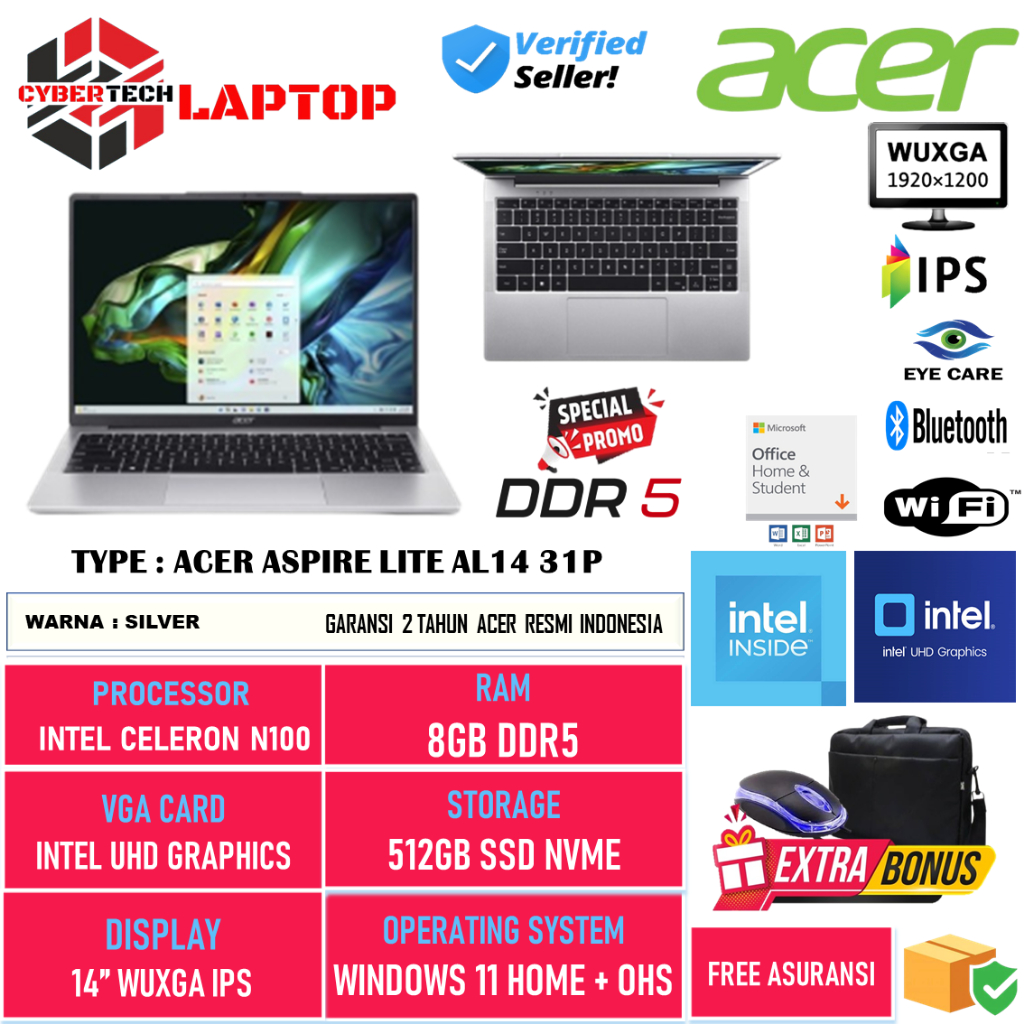 Jual Laptop Acer Aspire LITE AL14 31P Intel N100 RAM 8GB DDR5 512GB SSD ...