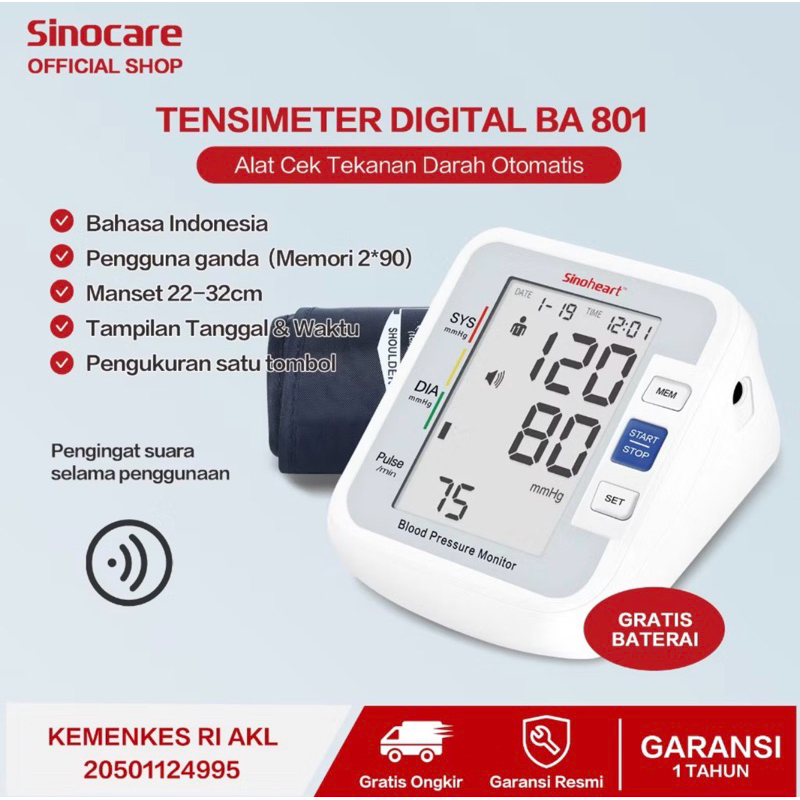 Jual Alat Cek Tensi Darah Digital Otomatis Tensimeter Digital Sinocare ...