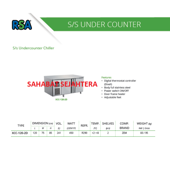 Jual RSA Stainless Steel Undercounter Chiller XCC-120-2D Chiller ...