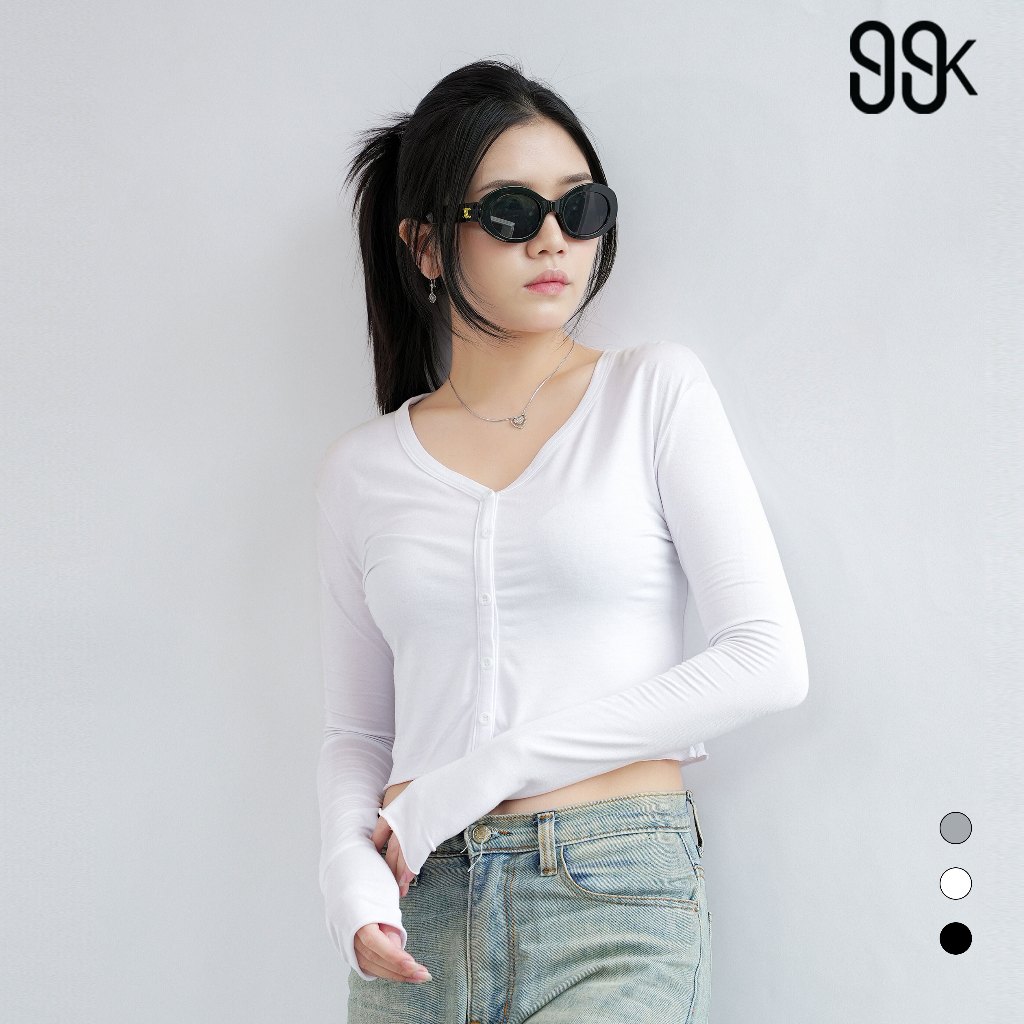 Jual 99kOUTLET Atasan Wanita Cropped Full Kancing Lengan Panjang Top V ...