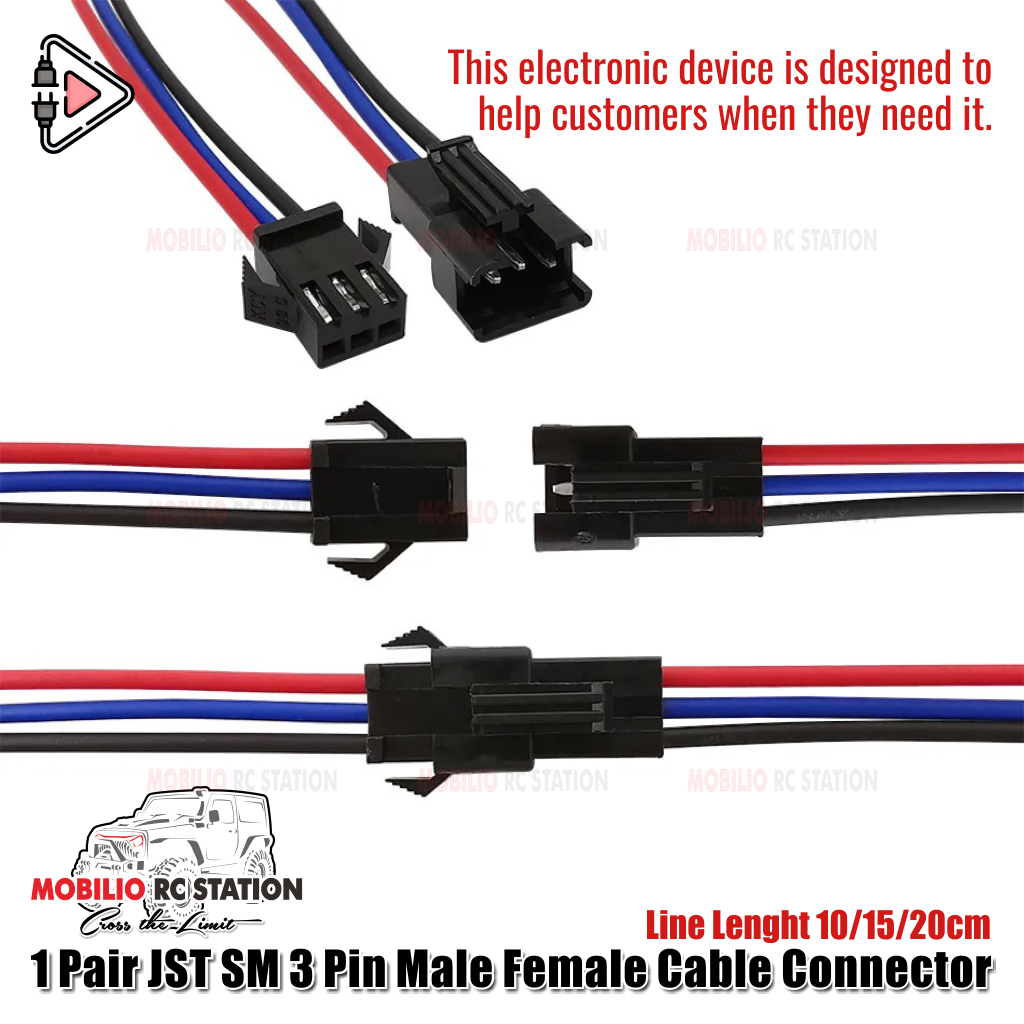 Jual 1 Pair JST SM 3 Pin Male Female Cable Connector Line Lenght 10/15 ...