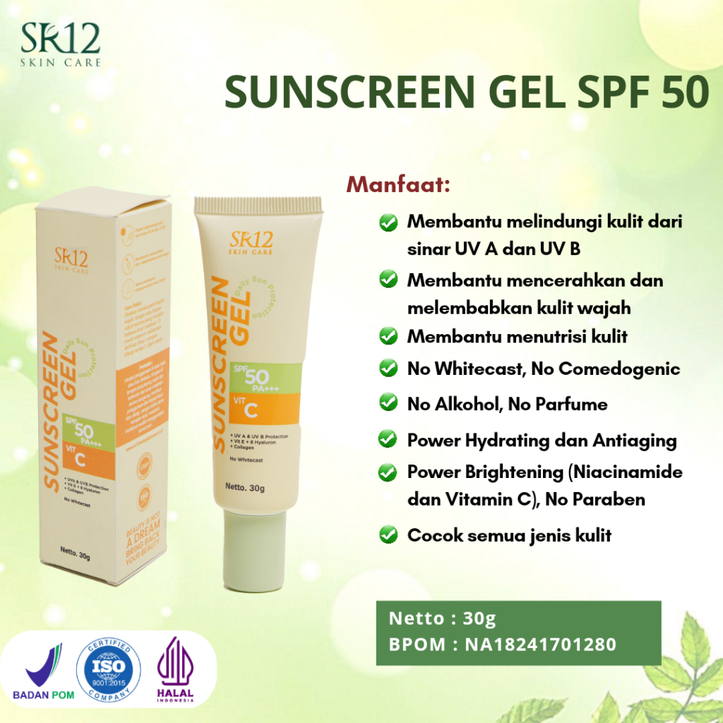 Jual Sunscreen Gel SR12 SPF50 PA+++ With Vit.C Collagen No Whitecast ...
