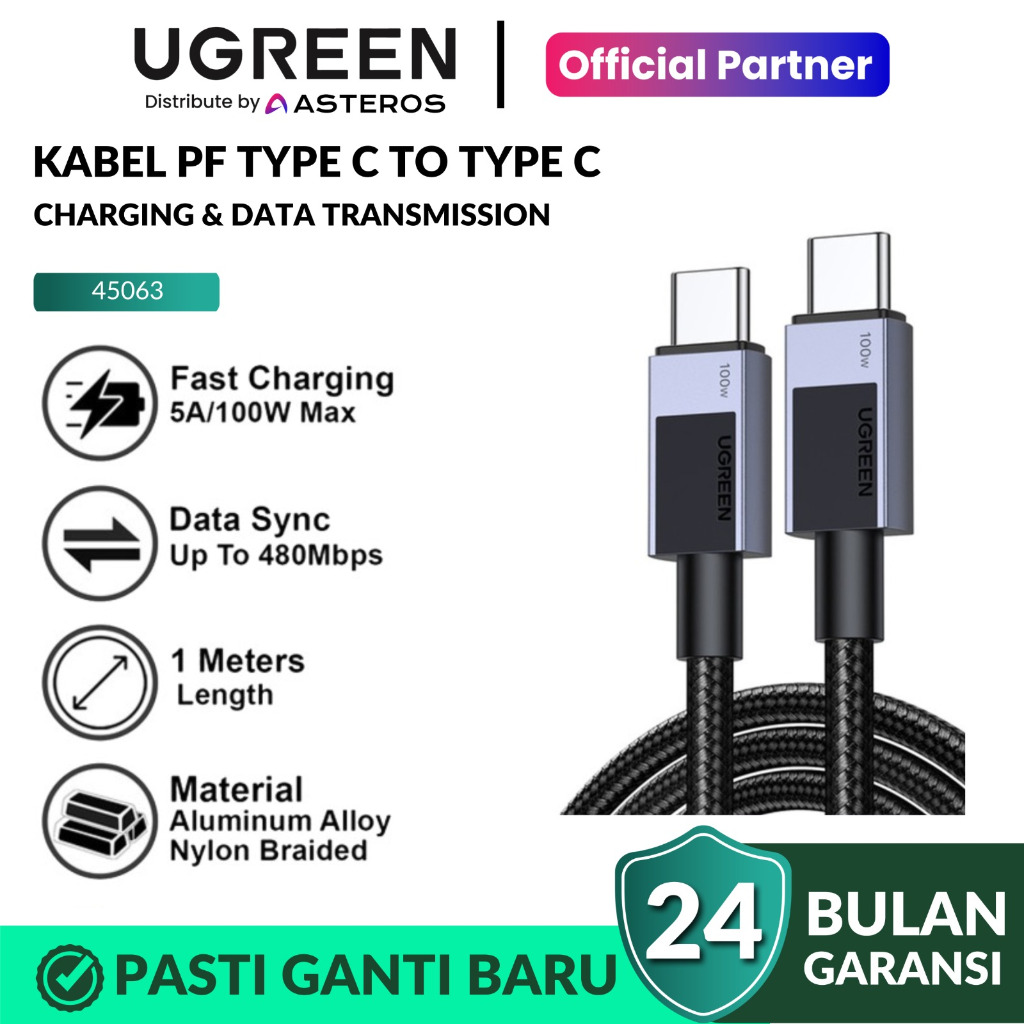 Jual KABEL DATA Type C to Type C UGREEN 45063 PD 100w 1m Space Gray ...