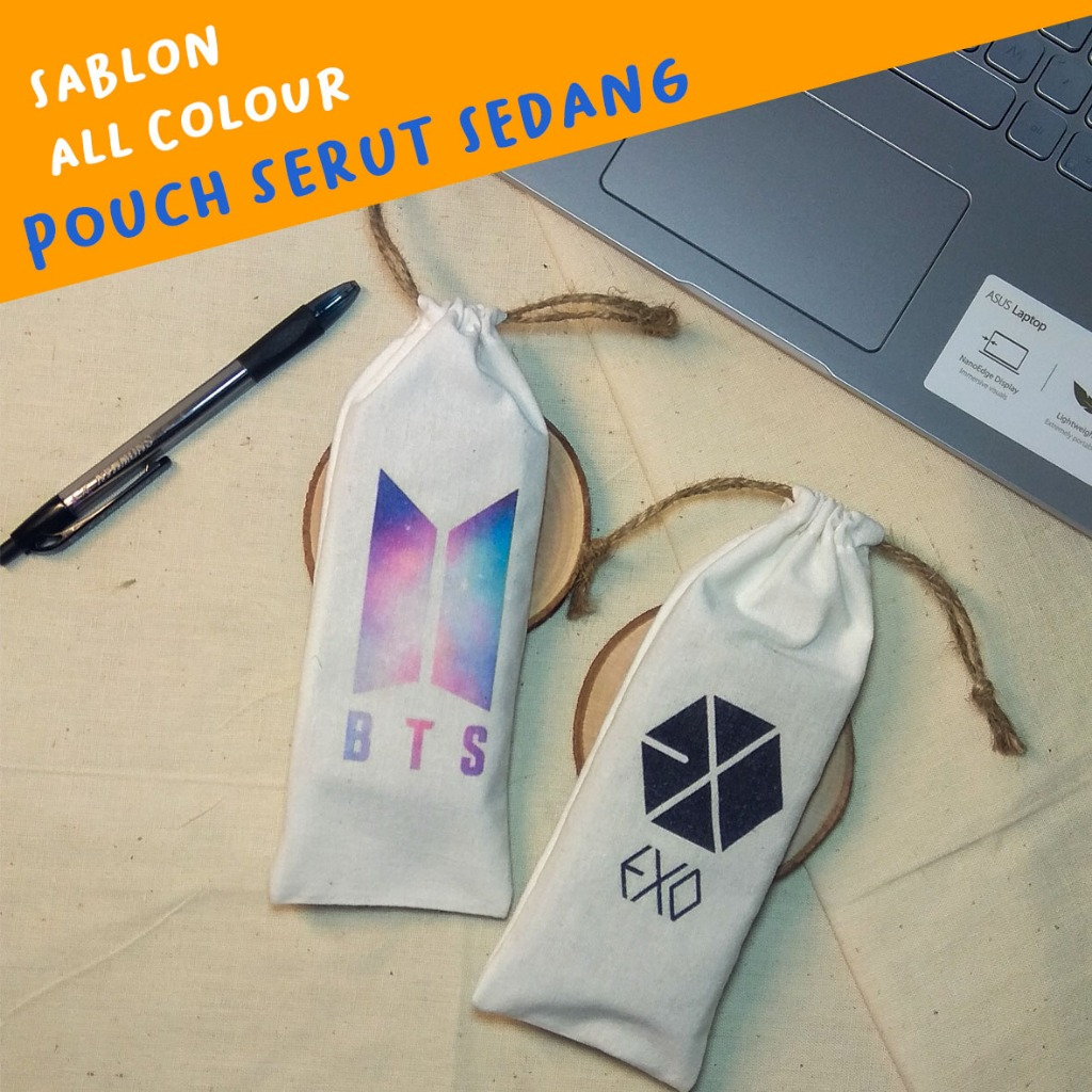 Jual POUCH SERUT SEDANG, pouch serut sablon, pouch blacu, pouch serut ...
