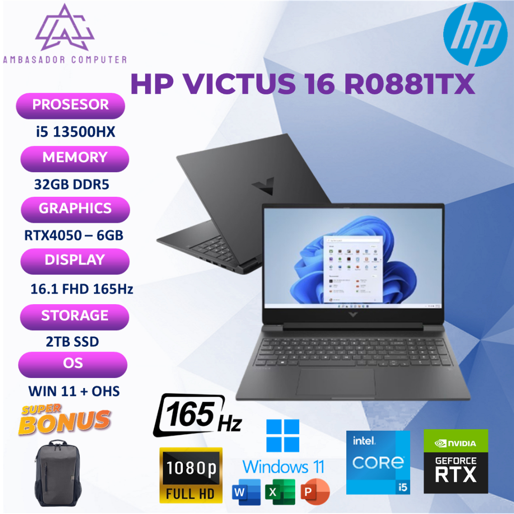 Jual HP VICTUS 16 R0881TX i5 13500HX 32GB 2TB SSD RTX4050 6GB Windows ...