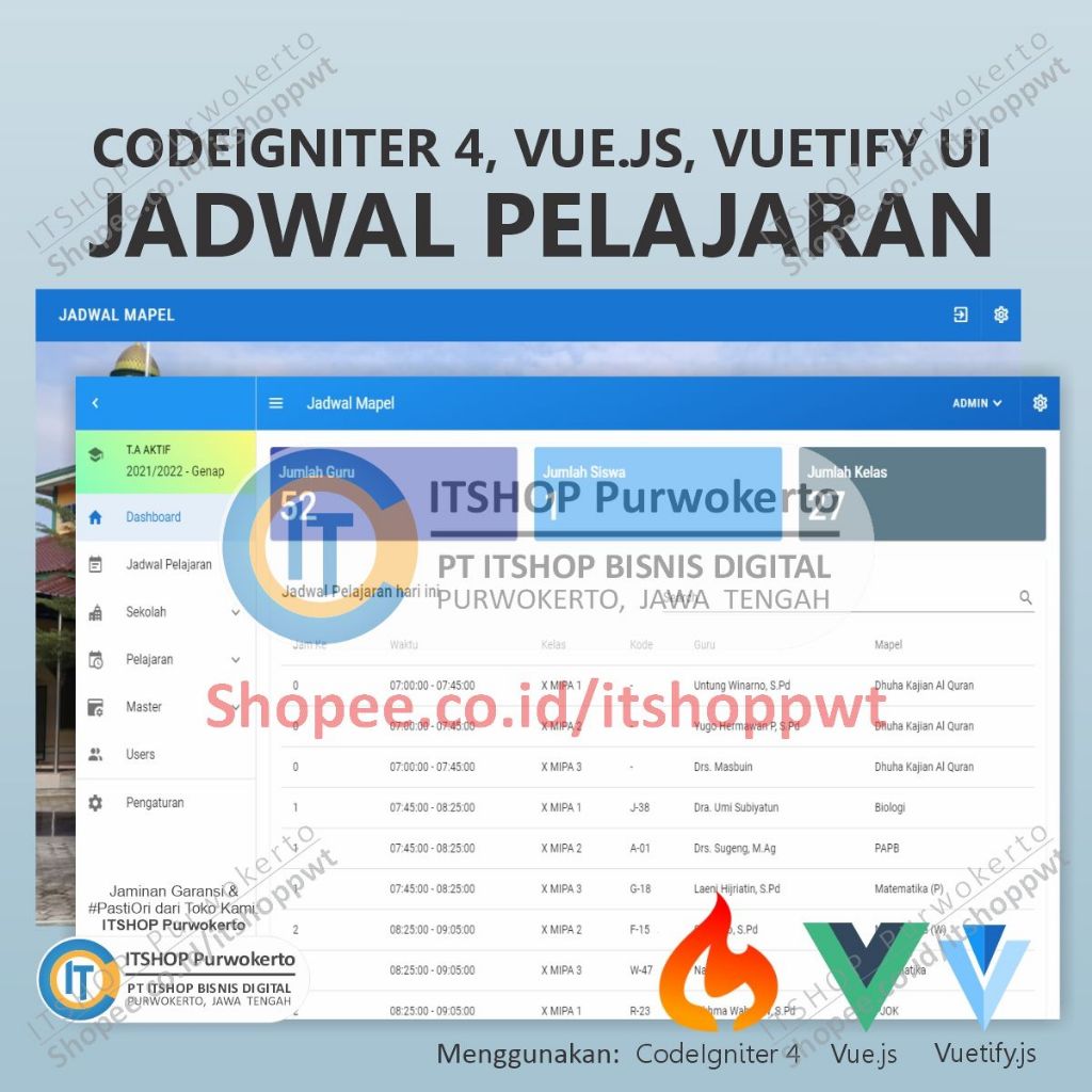 Jual Source Code Aplikasi Web Sistem Informasi Jadwal Pelajaran SMA Codeigniter 4 Vue.js ...
