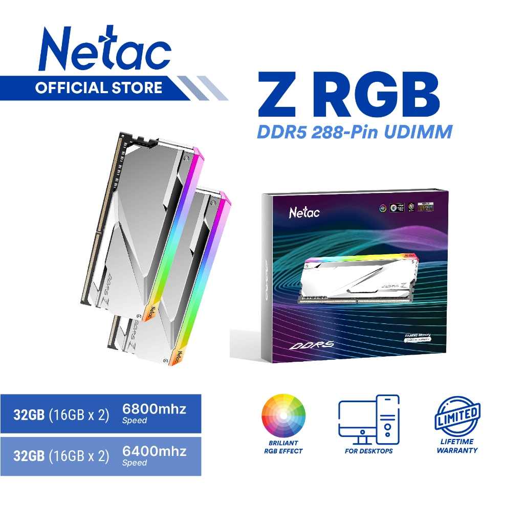 Jual Netac PC RAM Z RGB DDR5 Silver 6400MHz/6800MHz 32GB (16GB x 2) C32 ...