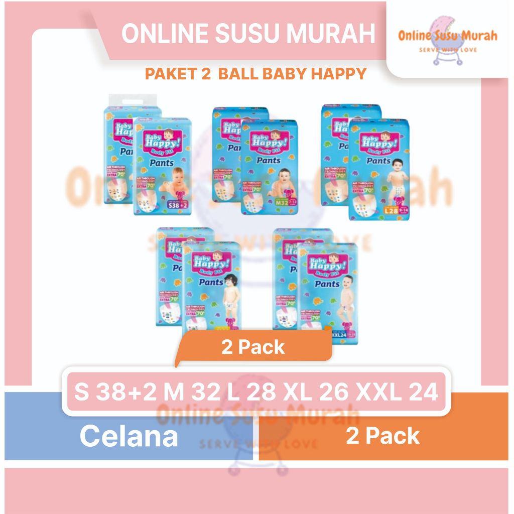 Jual BABY HAPPY PANTS PAKET 2 BALL S 38 +2 M 32 L 28 XL 26 XXL 24 CELANA S38 +2 M32 L28 XL26 ...