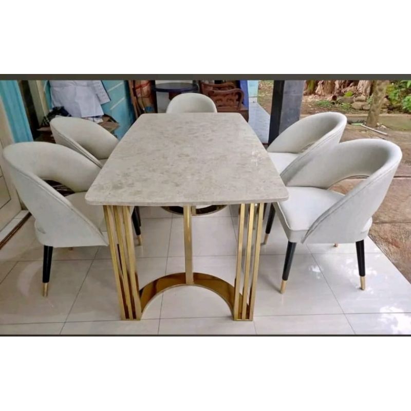 Jual 4 kursi makan meja kaki besi gold ukuran 150cm top table hpl ...