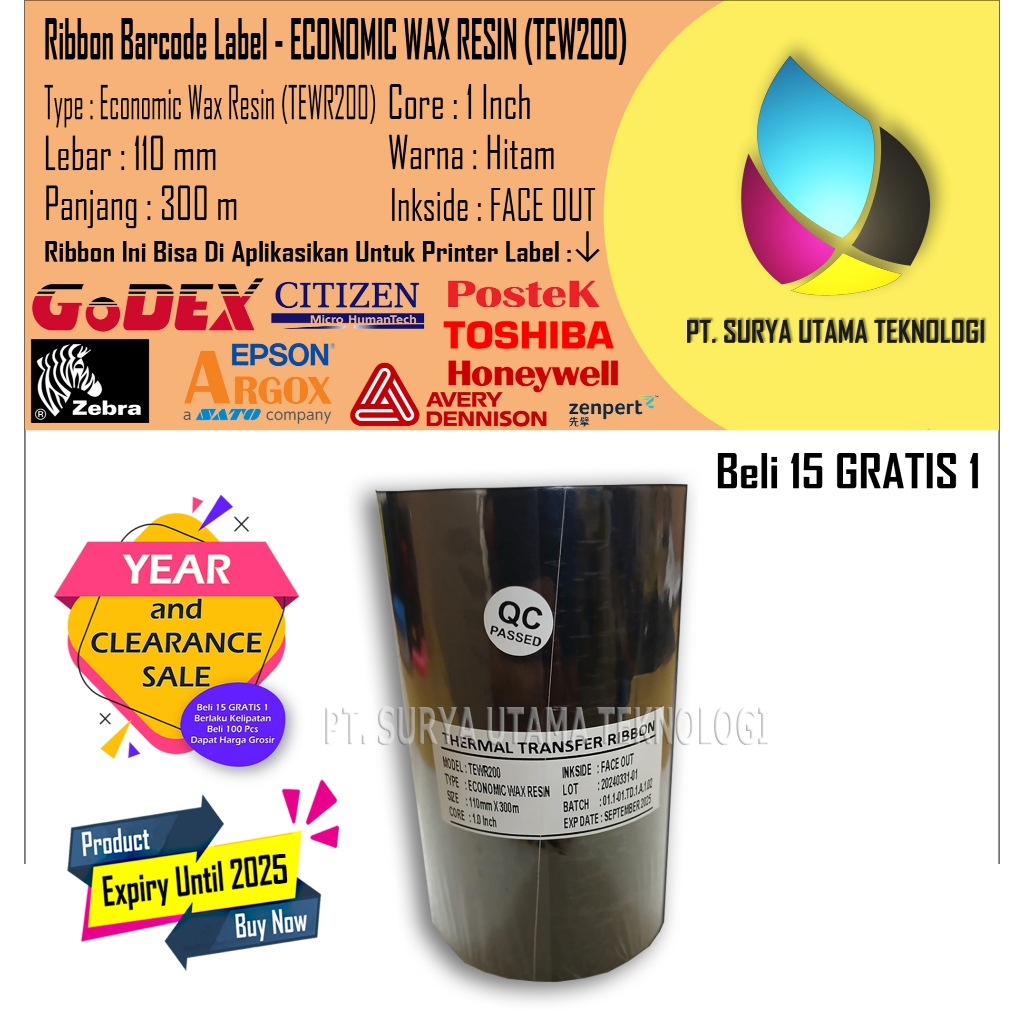 Jual Ribbon Label Economic Wax Resin (TEWR200) Ukuran 110mm x 300m ...