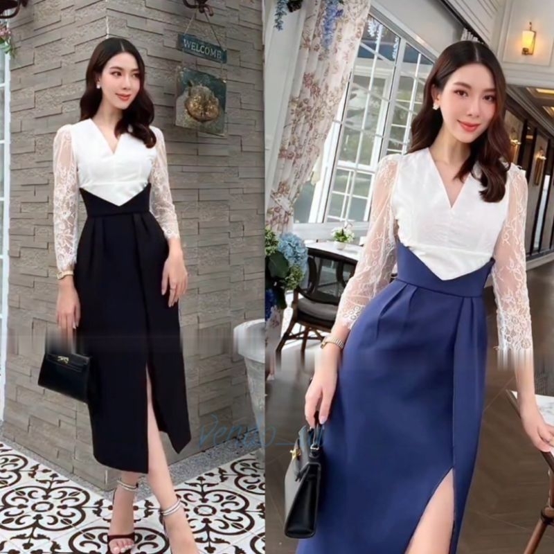 Jual midi dress long sleeve slit skirt premium europe paris dress gaun ...