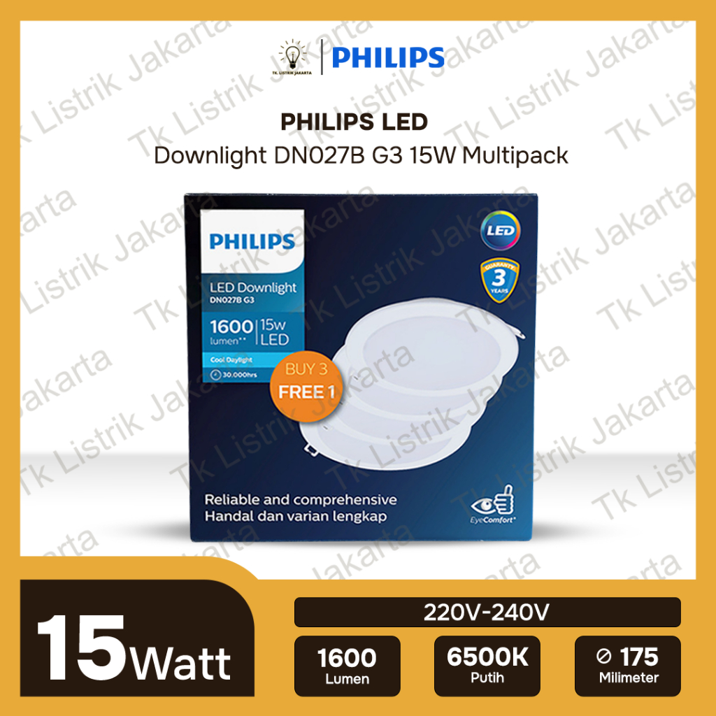 Jual Lampu Downlight LED Plafon isi 4 Philips DN027B G3 Pack 15W 7 Inch D175 6500K Putih Inbow ...