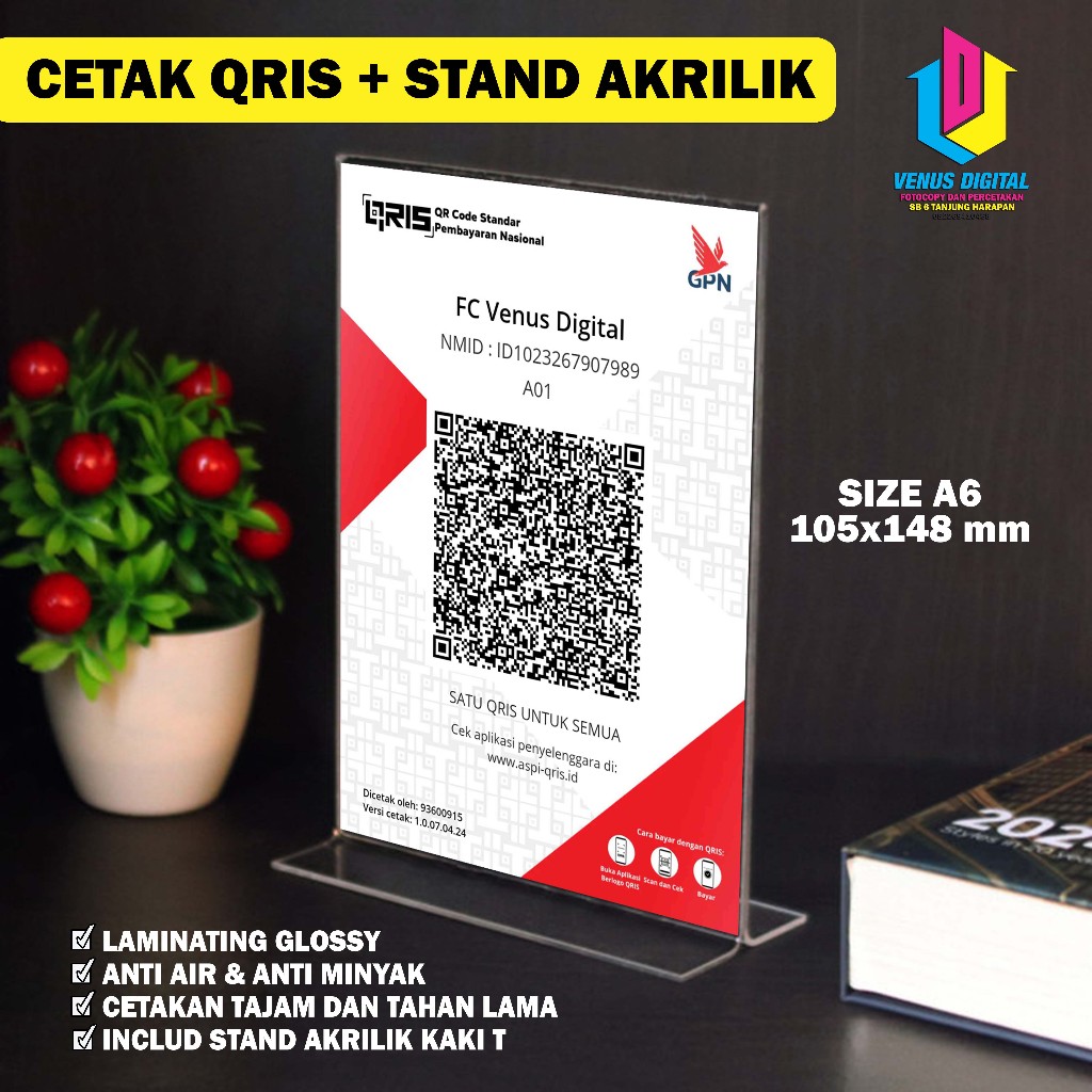 Jual Paket Cetak Qris dan Stand Akrilik A6 berdiri model T Awet Anti ...