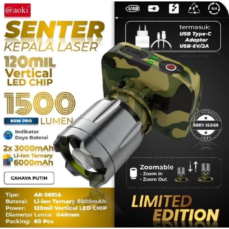 Jual Senter Kepala LED Zoom Laser 80 Watt 1500 Lumen Aoki AK-3652K Army Cahaya Putih Cahaya ...