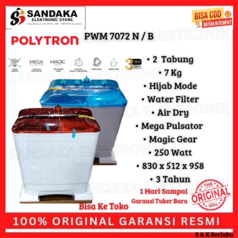 Jual mesin cuci 2 tabung 7kg Polytron low watt 220watt PWM 7072 garansi ...