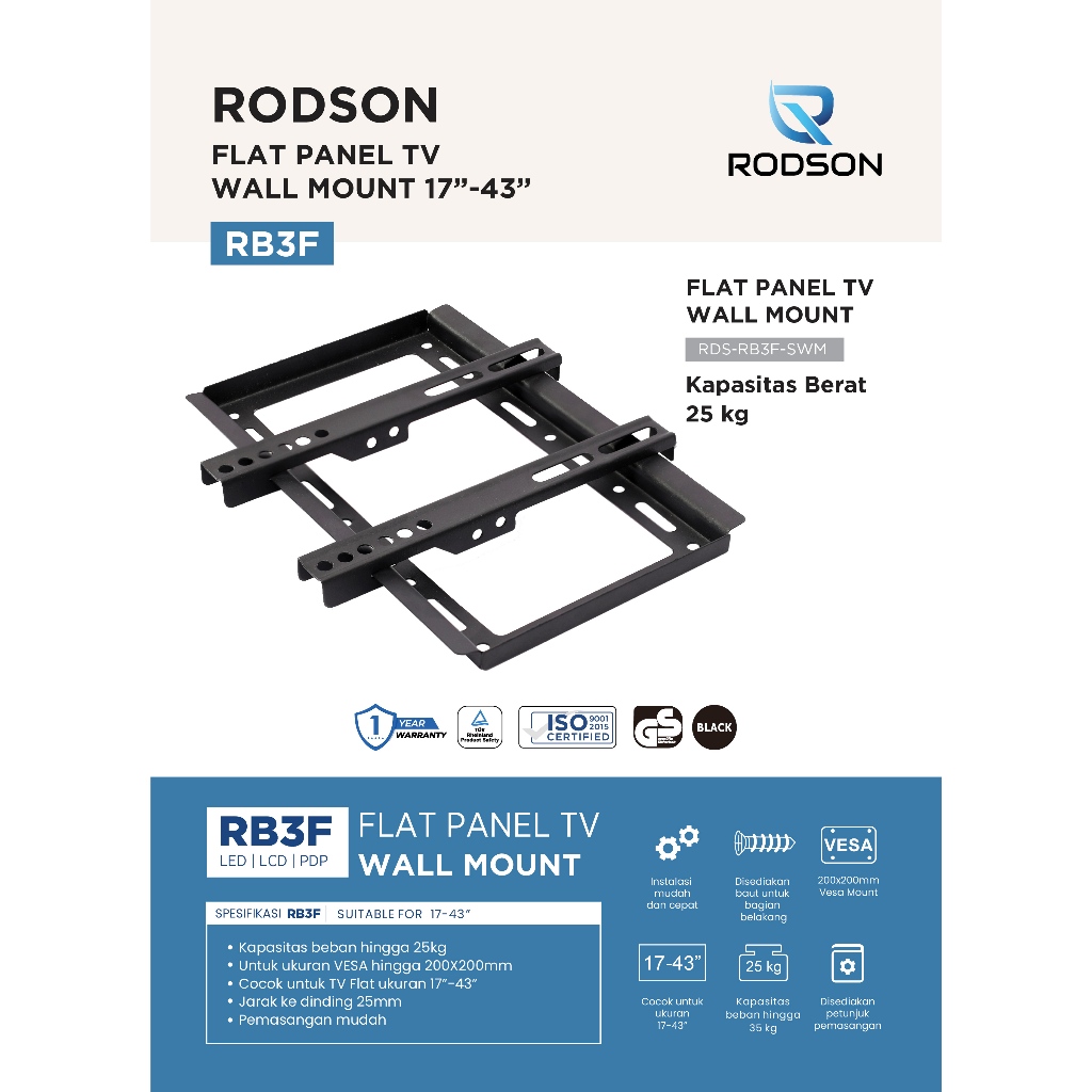 Jual Rodson RB3F Bracket TV 17 - 43" inch Fixed breket monitor 21 31 ...