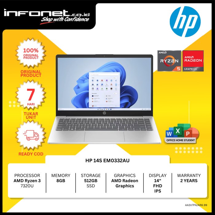 Jual HP 14S EM0332AU RYZEN 3 7320U 8GB 512GB 14" FHD IPS W11 OHS21 ...