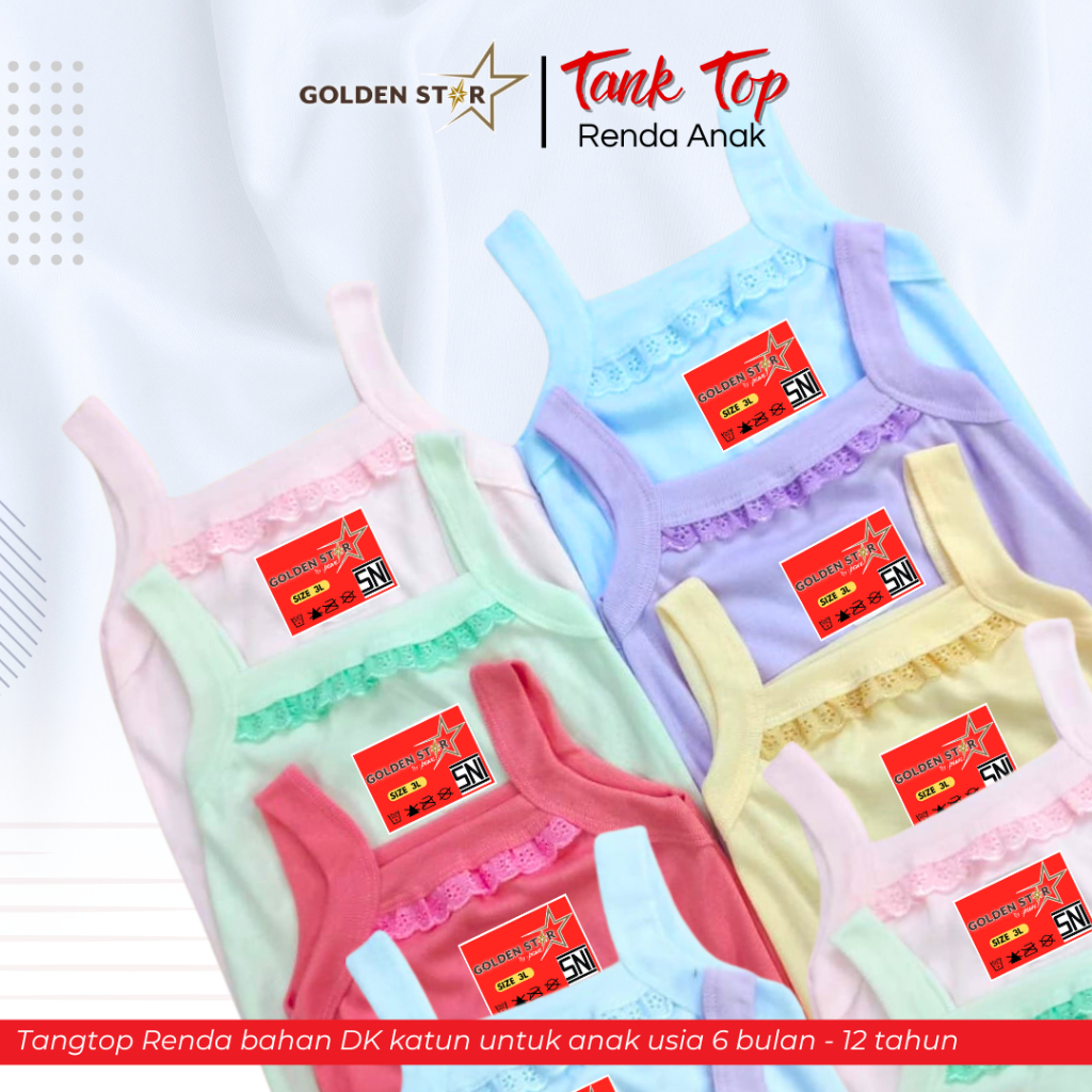 Jual 12 & 6 Pcs singlet anak perempuan / tantop anak lusinan golden ...
