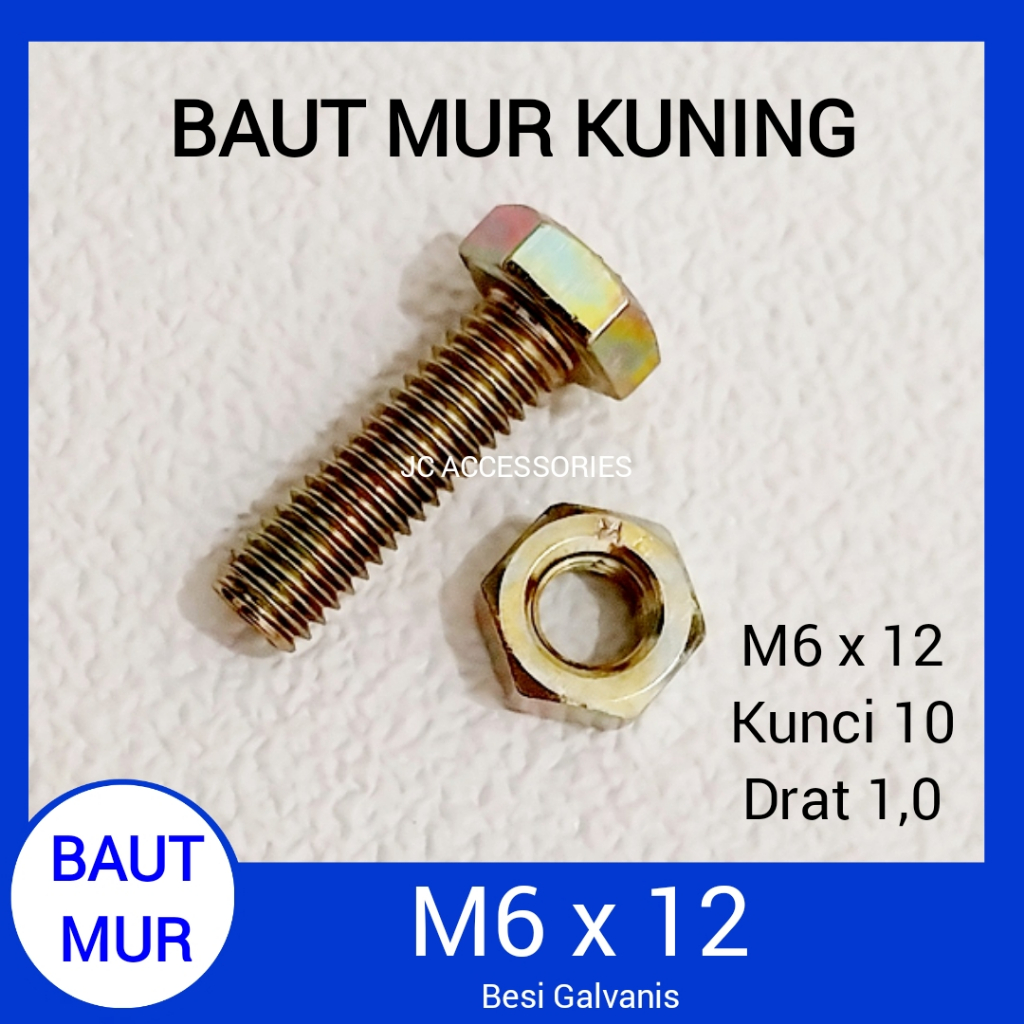 Jual BAUT MUR KUNING M6x12 KUNCI 10 PITCH 1,0 BMK 6X12 M6 x 12 6 X 12 BMH HEXAGON HEXA HEX ...