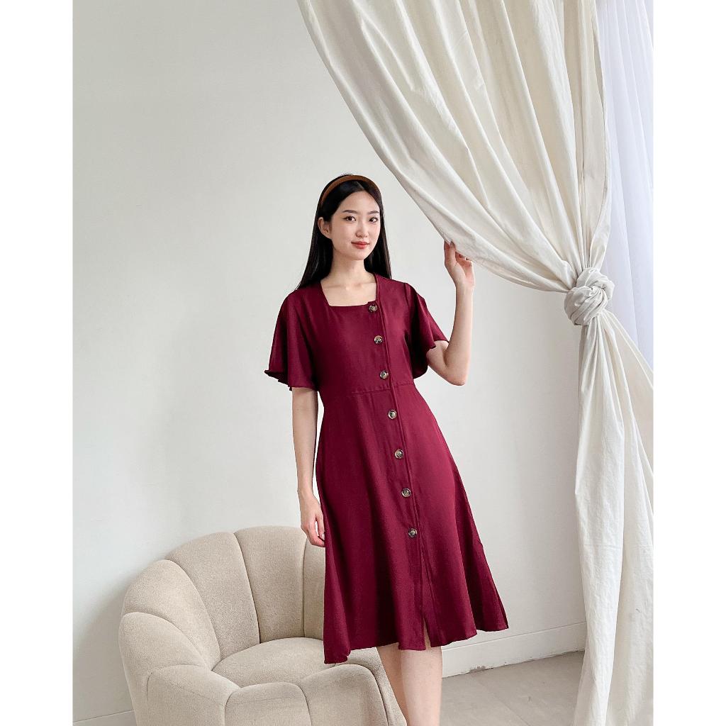 Jual [COTTONBELLS] DRESS PREMIUM HAURA BUTTON PLAID SQUARE MIDI (MB - D ...