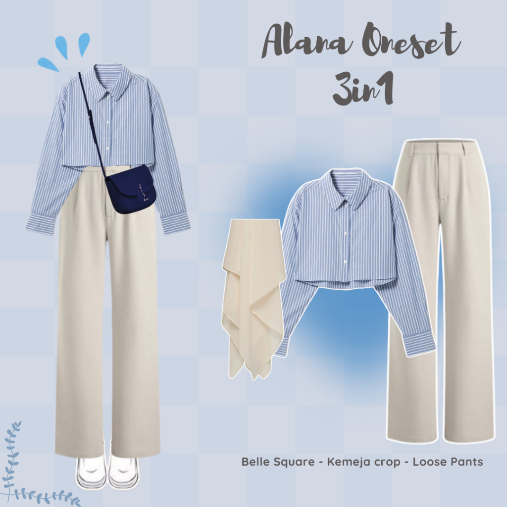Jual ALANA Oneset 3in1 - Idea Outfit Kemeja Salur Crop Top + Loose Pants + Bella Square Premium ...
