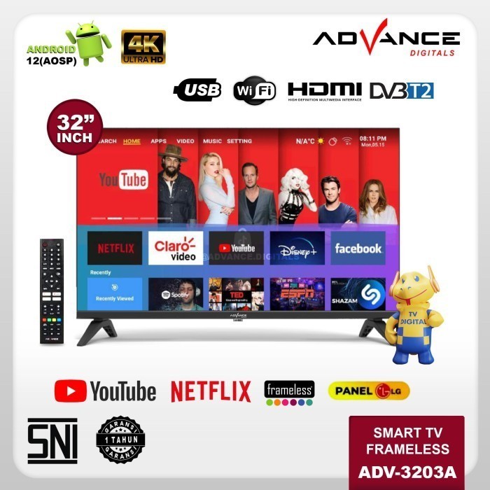 Jual ADVANCE LED TV ANDROID 32 INCH SMART TV FRAMELESS ADV-3203A | Shopee Indonesia